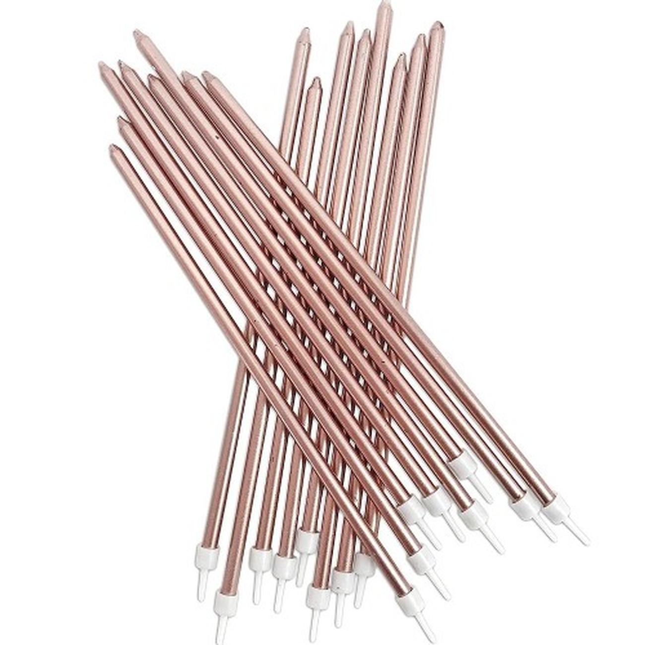 Metallic Rose Gold Pack of 16 Extra Tall Candles with Holders