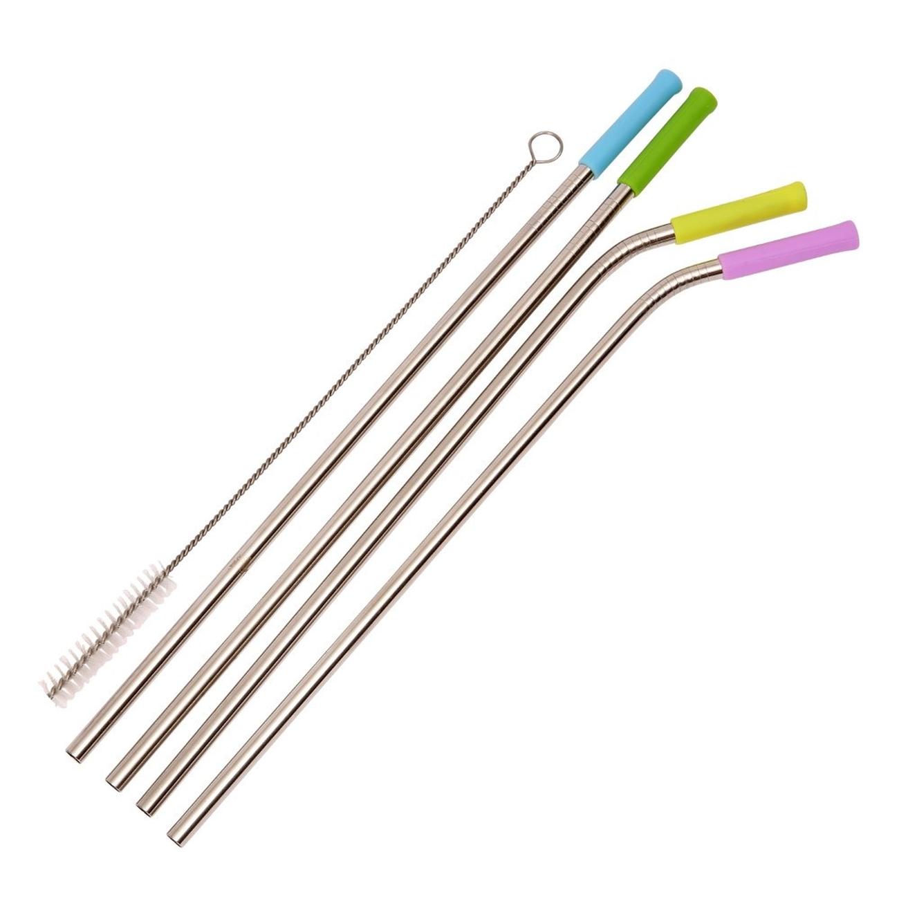 Dexam 4pc Stainless Steel Straws with Silicone Tips & Cleaning Brush