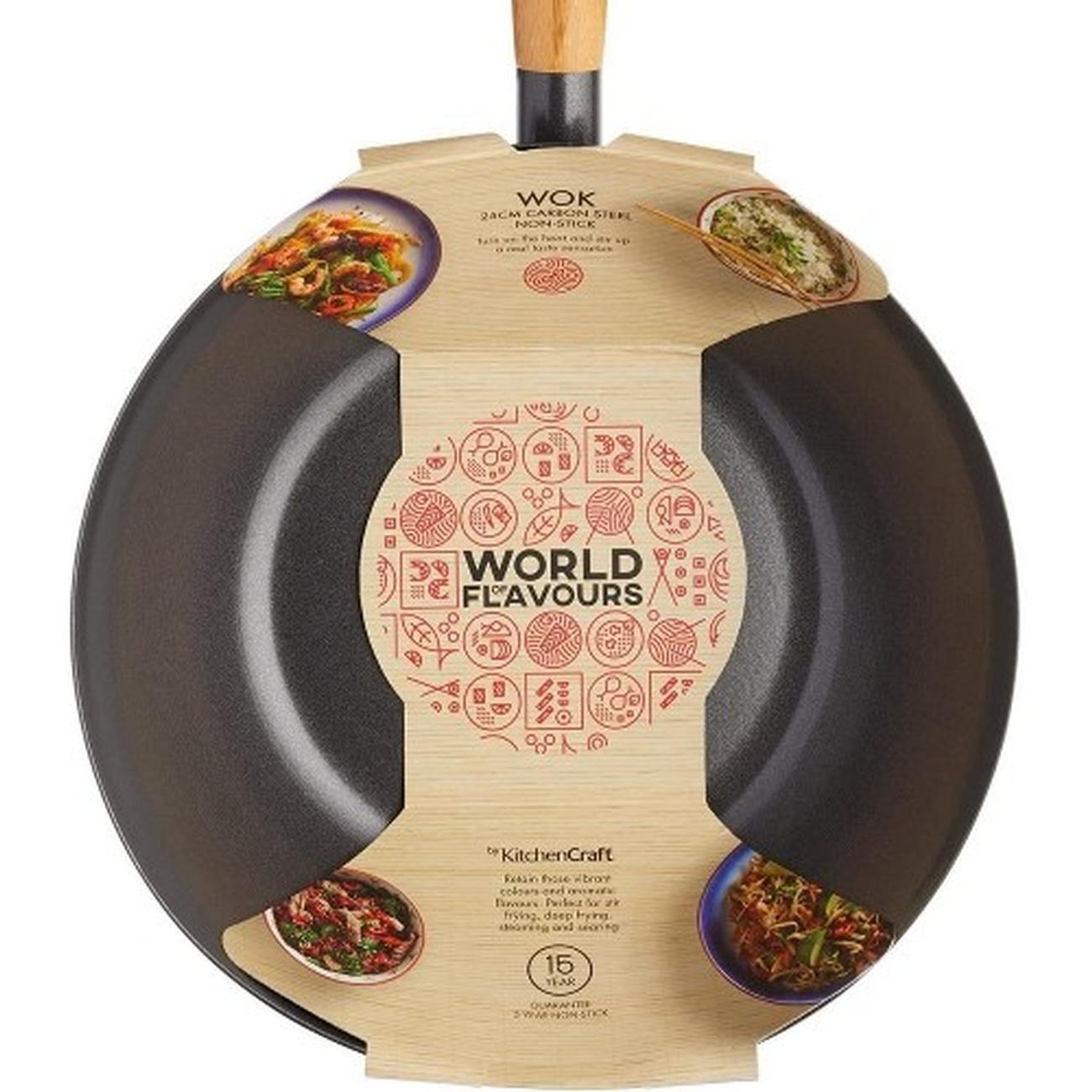 KitchenCraft World of Flavours Oriental Carbon Steel Non-Stick Wok 25cm