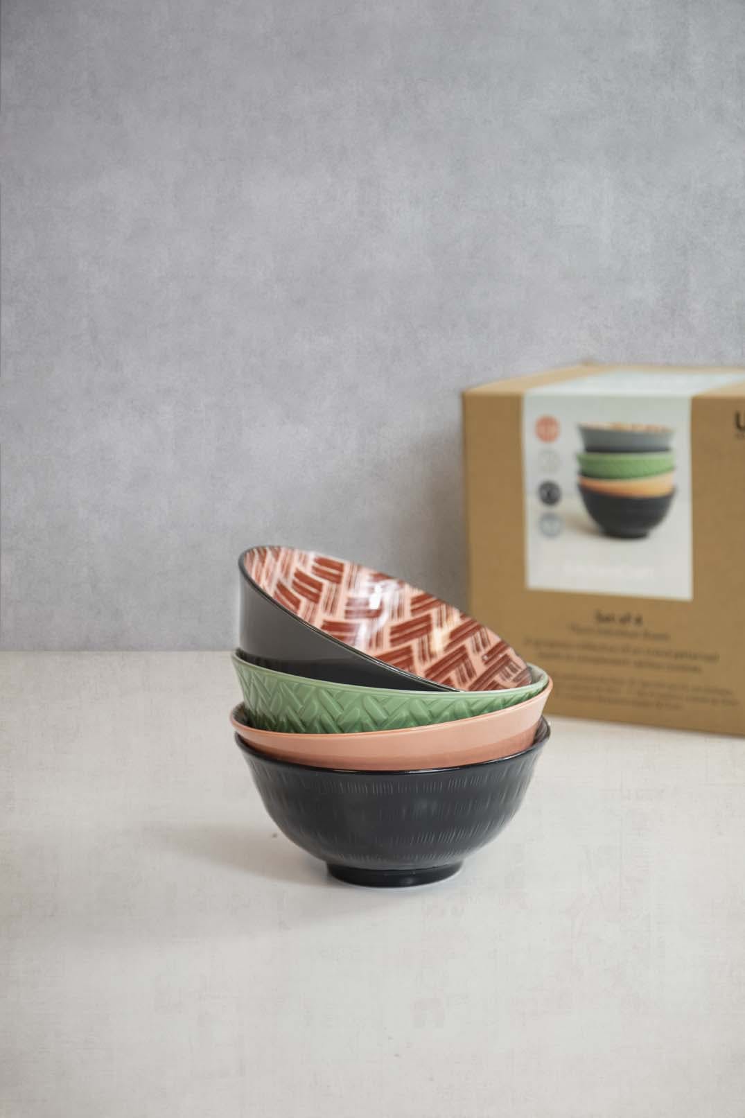 KitchenCraft Set of 4 Patterned Ceramic Bowls 'Designed for Life'