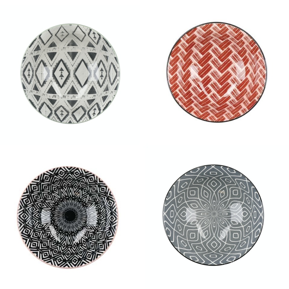 KitchenCraft Set of 4 Patterned Ceramic Bowls 'Designed for Life'