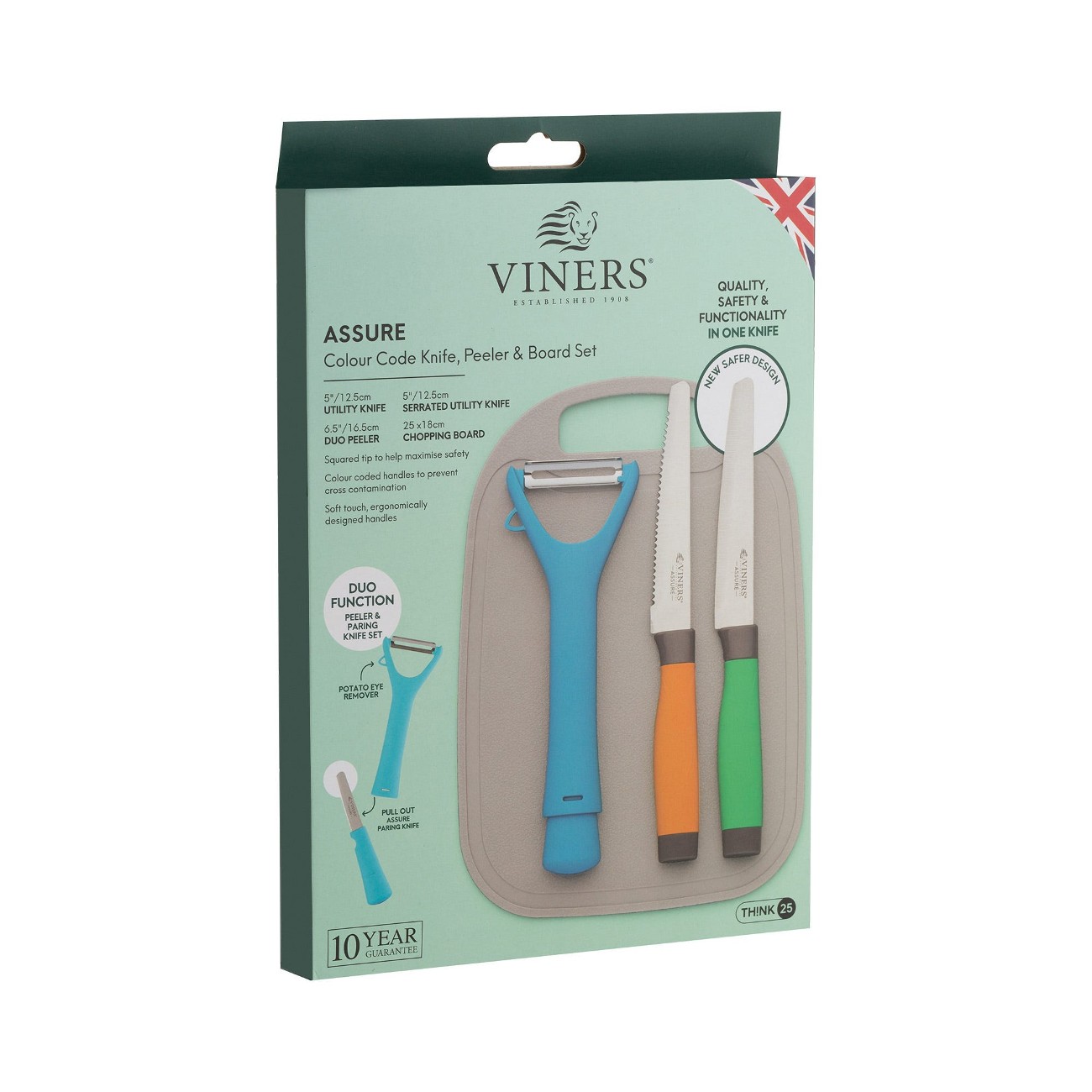 Viners® Assure Colour Code Knife, Peeler & Board Set