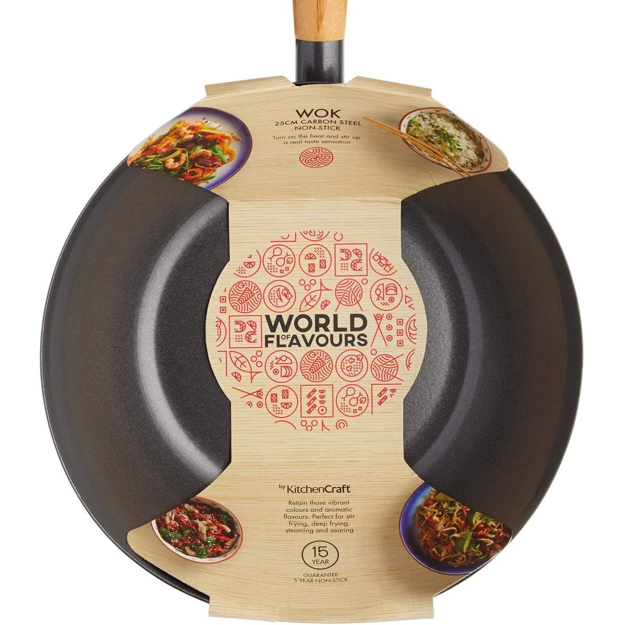 KitchenCraft World of Flavours Oriental Carbon Steel Non-Stick Wok 25cm