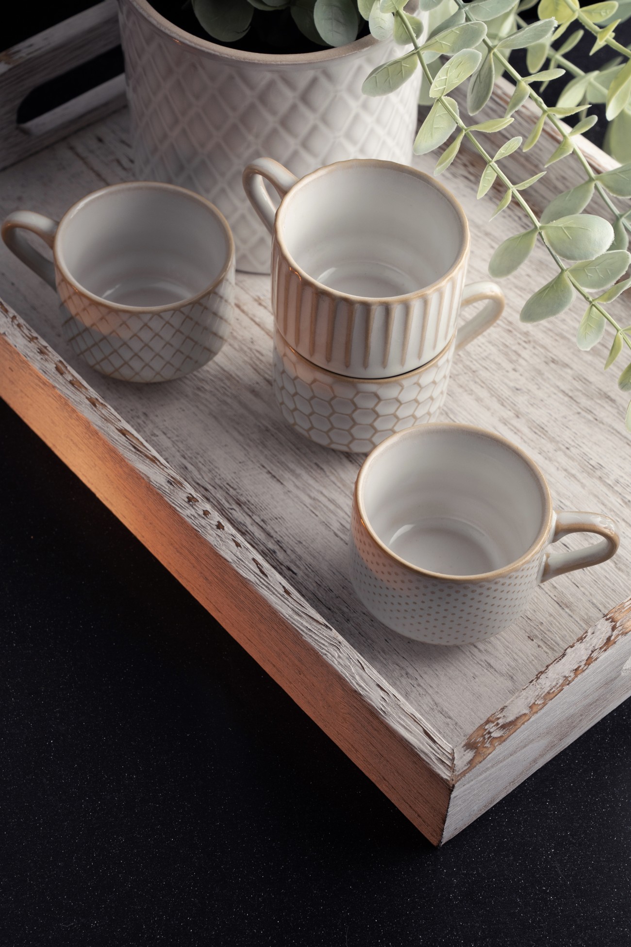 Siip Reactive Glazed Embossed Espresso Cup-Set of 4